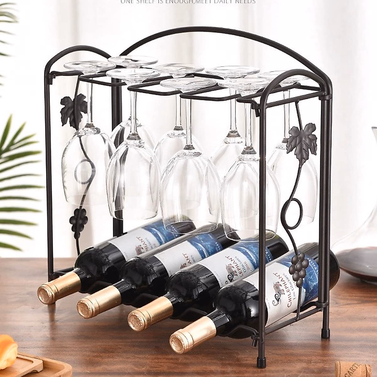 Countertop Wine Rack - Hold 4 Wine Bottles and 8 Glasses Multifunctional dis Assembly Small Wine Rack - 1 Tier Tabletop Wine Holder Stand for Cabinet, Pantry, Wine Bottle Storage