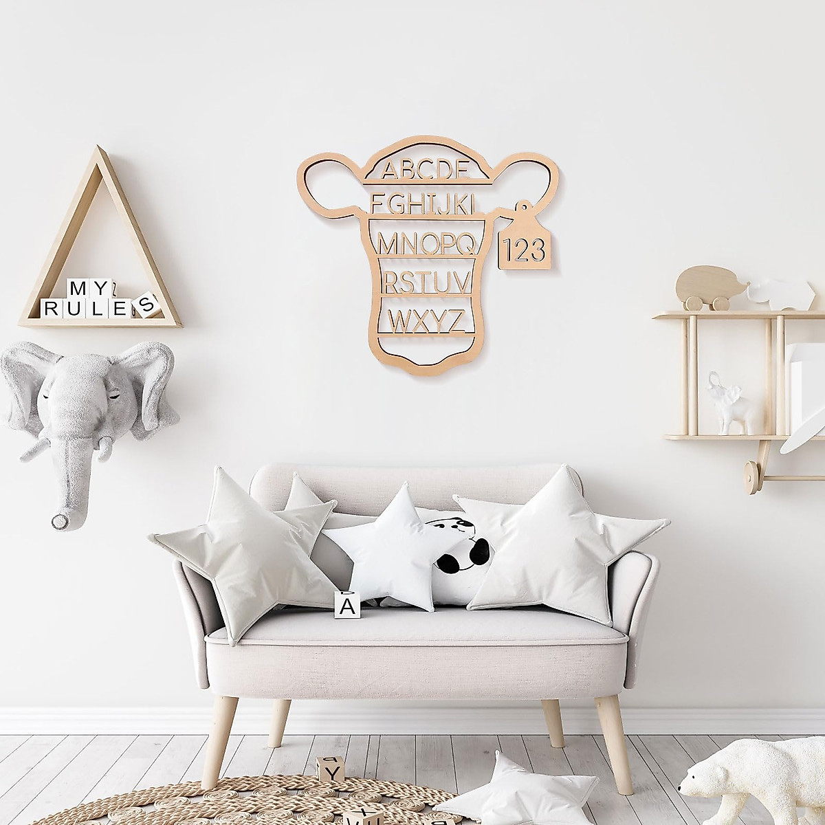 Nichake Western Nursery Wall Decor Neutral Cow Alphabet Wall Art,3D Cut ABC Letters Signs,Boho Wall Decor for Nursery, Bedroom, Playroom,and Kids Room