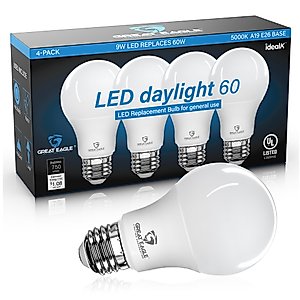 GREAT EAGLE LIGHTING CORPORATION A19 LED Light Bulb, 9W (60W Equivalent), UL Listed, 5000K (Daylight), 750 Lumens, Non-dimmable, Standard Replacement (4 Pack)