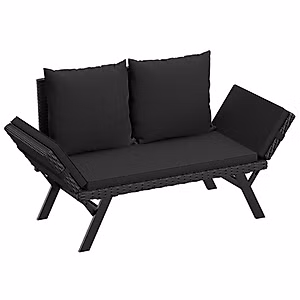 Flamaker Outdoor Convertible Sofa, Woven Rattan Patio Furniture Sunbed with Adjustable Armrests, Removable Cushions and Pillows for Patio, Porch, Pool (Black Lounger & Black Pillowcase)