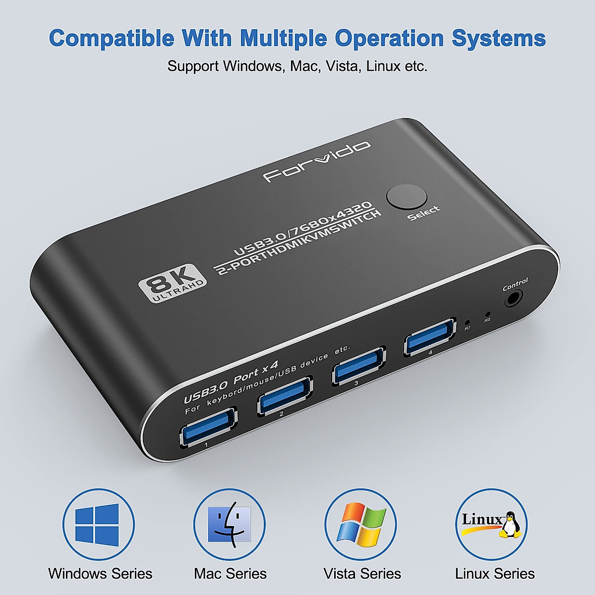 Forvido USB 3.0 HDMI KVM Switch 2 Port 8K@60Hz 4K@120/144Hz, 2 Computers Sharing 1 Monitor Keyboard Mouse Peripherals Selector