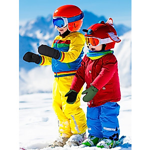 SATINIOR 2 Pairs Kids Snow Mittens Waterproof Winter Ski Gloves Warm Thicken Snow Gloves for Girls Boys (Black, Army Green, 3-5 Years)