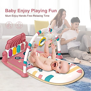 dearlomum Baby Play Mat Baby Gym, Piano Tummy Time Baby Activity Gym Mat with 5 Infant Learning Sensory Baby Toys, Music and Lights Boy & Girl Gifts for Newborn Baby 0 to 3 6 9 12 Months(Pink)