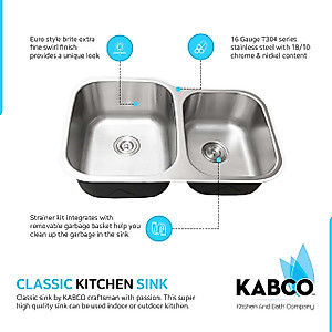 KABCO 32 Inch Double Unequal Bowl Classic Kitchen Sink with Sink Strainers, Sink Grids, Rolling Up Grid and a Removable Garbage Basket 16 Gauge Undermount Rust, Sound and Heatproof