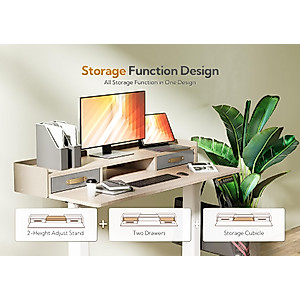 Claiks Standing Desk with Drawers, Stand Up Electric Standing Desk Adjustable Height, Sit Stand Desk with Storage Shelf and Splice Board, 48 Inch, Natural