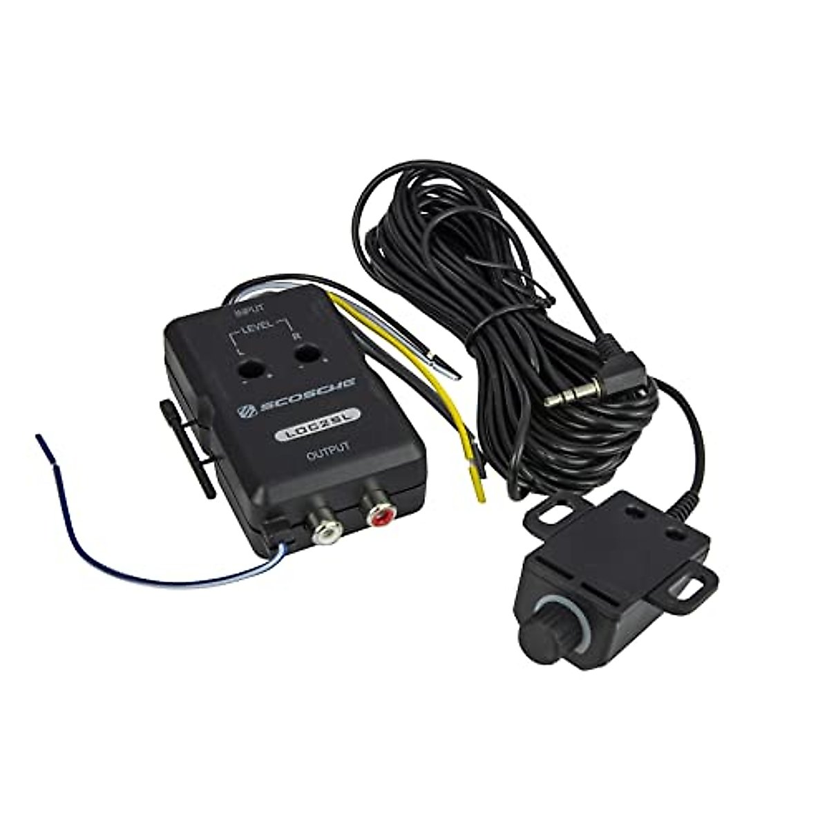 Scosche LOC2SL Line Output Converter Adjustable Amplifier Add On Module for Car Stereo, 2-Channel Signal Sensing Speaker Wire to RCA Adapter with Remote Control Knob, Black