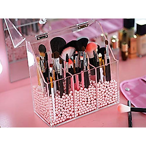 FOOCORDDY Covered Makeup Brush Holder with Dustproof Lid, Large Capacity Acrylic Clear Cosmetic Brush Storage Organizer for Vanity