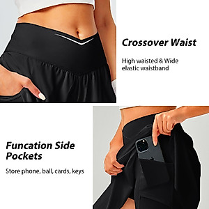 DLOODA Womens Tennis Skirt with Pockets Shorts Crossover High Waisted Athletic Skorts Skirts for Golf Running Workout (Black S)