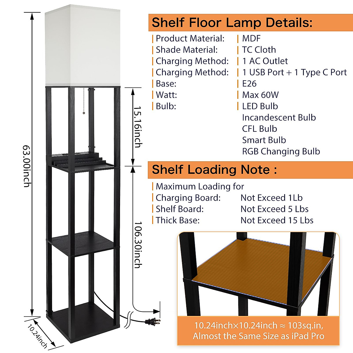 SHINE HAI 3-in-1 Shelf Floor Lamp with 2 USB Ports and 1 Power Outlet, 3-Tiered LED Shelf Floor Lamp, Shelf & Storage & LED Floor Lamp Combination, Modern Standing Light for Living Room, Bedroom