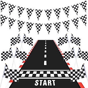 Racing Car Party Decorations Supplies 6.6 x 2 Ft Long Racetrack Floor Running Mat, 6.6 Feet Checkered Racing Pennant Banner, 10 Pcs Checked Race Flags with Stick for Birthday Race Car Party Decors