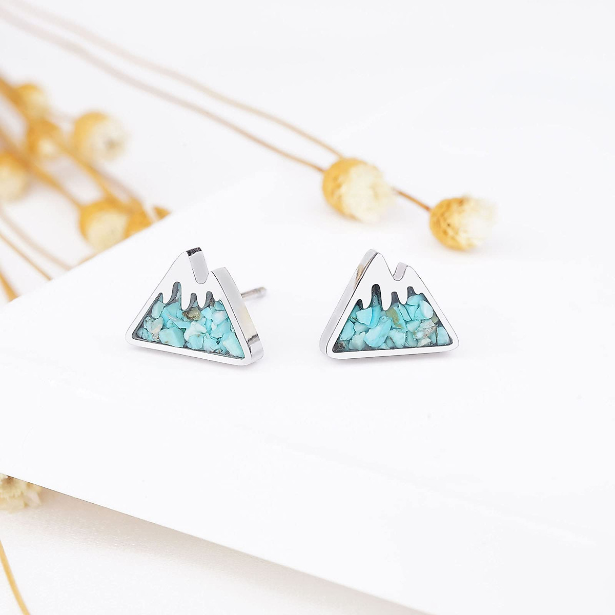 Lauren-Spencer Gemstone Mountain Stud Earrings for Women Small Green Turquoise Mountain Earrings Studs Stainless Steel Snow Mountain Range Earrings for Women Nature Jewelry Gift