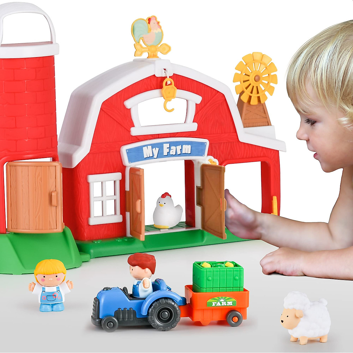 iPlay, iLearn Toddler Large Farm House Toys Set W/ Animal Figures, Tractors, Barn, Farmer People & Fence, Kids Imaginative Pretend Play W/ Animals Sound, Birthday Gift for 2 3 4 5 6 Year Old Boy Girl