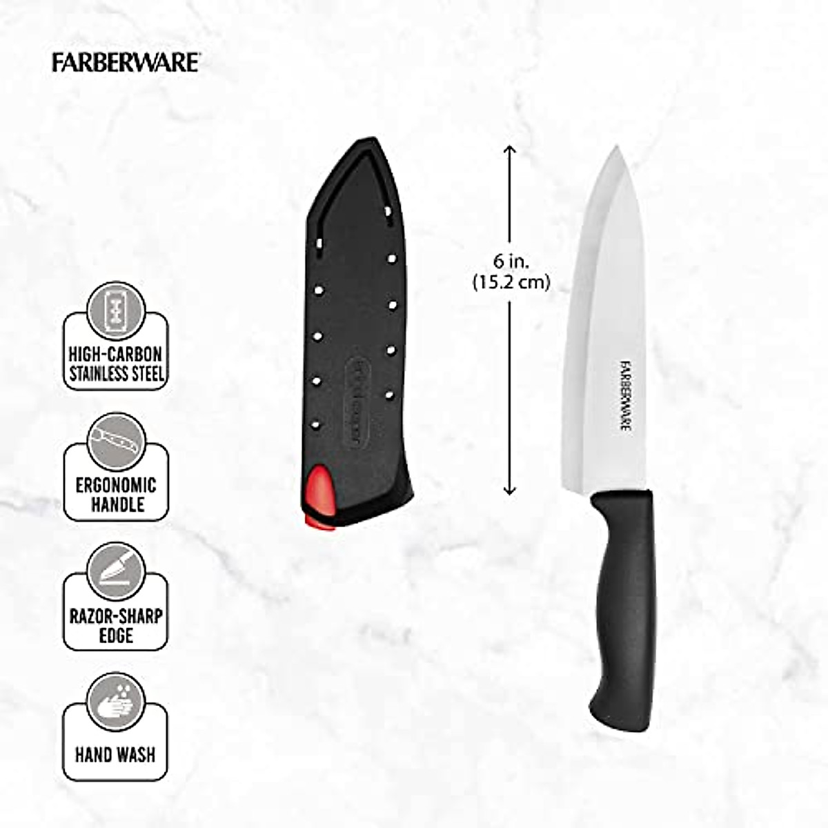 Farberware Edgekeeper 6-Inch Chef Knife with Self-Sharpening Blade Cover, High Carbon-Stainless Steel Kitchen Knife with Ergonomic Handle, Razor-Sharp Knife, Black