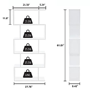 Yusong Bookshelf 5-Tier, Geometric Bookcase S Shaped Book Shelves for Bedroom, Modern Wood Decorative Display Shelf Book Case for Home Office, White