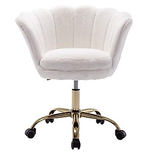 White Desk Chair Fluffy Task Vanity Chair Home Office Chair Adjustable Rolling Swivel Chair with Wheels for Teens Adults Bedroom Study Room, Faux Fur