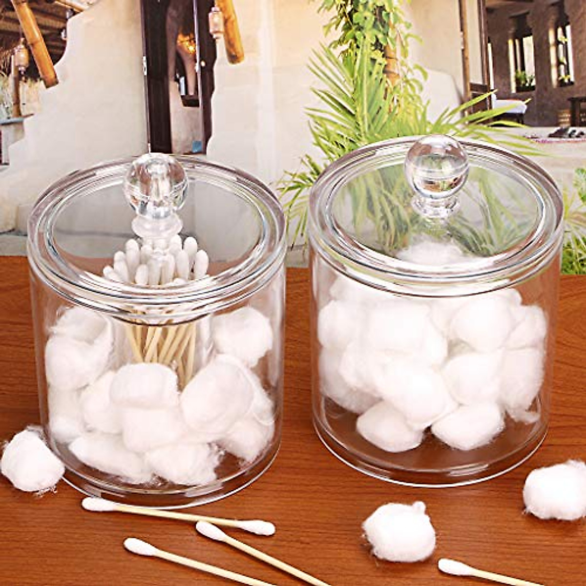 Hipiwe Cotton Ball and Swab Organizer with Lid Apothecary Acrylic Jar Makeup Cotton Organizer Bathroom Storage Canister Jar for Cotton Rounds Pads Q-tips Holder