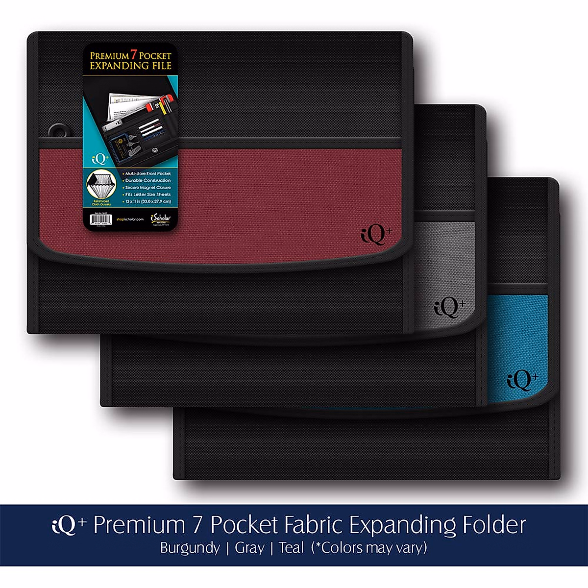 iQ Plus Premium 7 Pocket Fabric Expanding Folder, 13 x 10 Inches, Color Will Vary (34107)