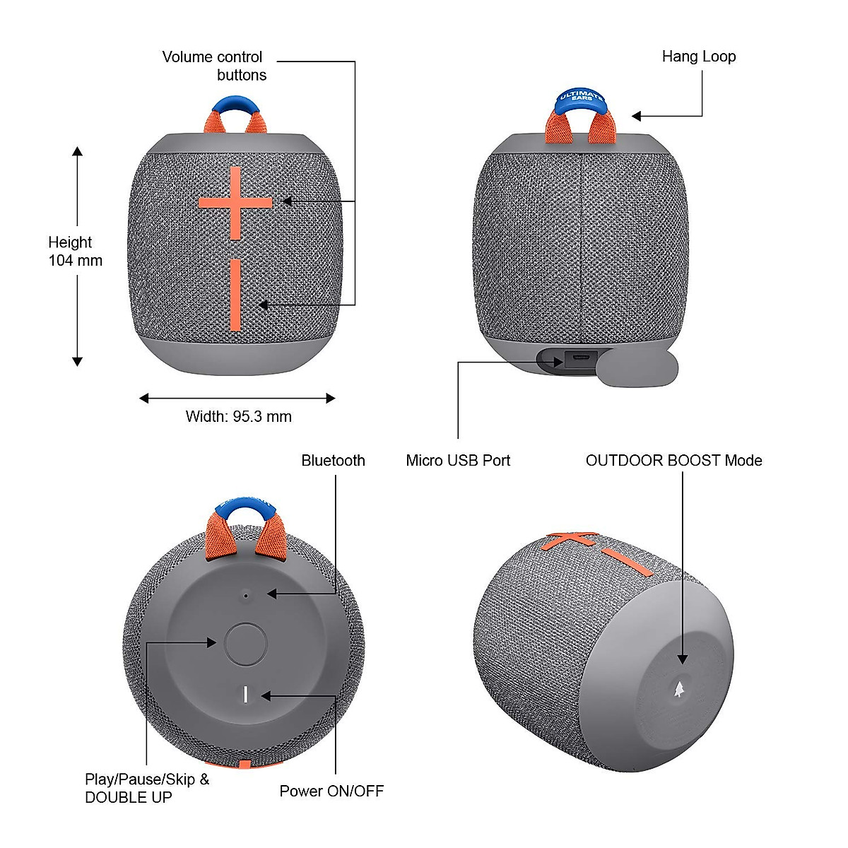 Ultimate Ears Wonderbooms 2 Wireless Speaker, Deep Bass, 360 ° Surround Sound, Waterproof, 2 Speaker Connection for Powerful Sound, 13h Battery, Crushed ice (Renewed)