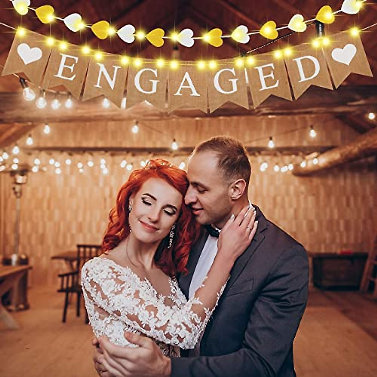 Engaged Banner Heart Garland and LED String Lights Set Rustic Burlap Bunting Garland White Gold Hanging Love Heart Streamer Banner for Wedding Engagement Party Bridal Baby Shower Birthday Decorations