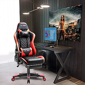 ANBEGE Gaming Chair Retractable Footrest 2D Armrest Office Chair Height Adjustable Leather High Back Ergonomic Headrest Massage Lumbar Cushion Swivel Rocker Recliner Computer Chair (RED)