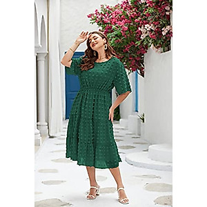 IN'VOLAND Womens Chiffon Elegant Plus Size Dresses Swiss Dot Babydoll Short Sleeve Party Midi Dress Dark Green