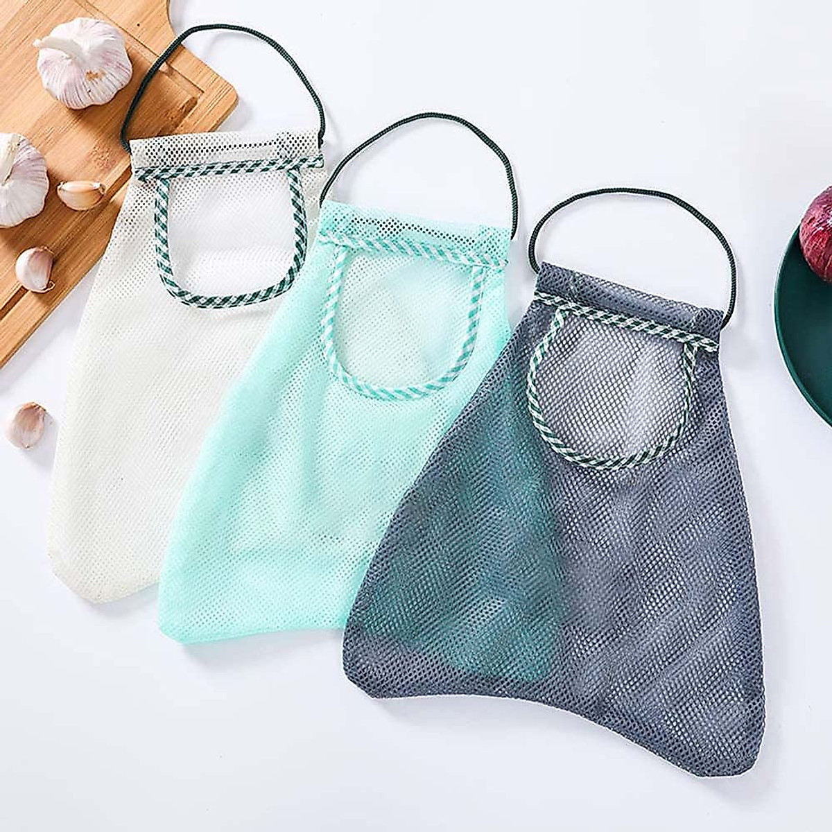 Reusable Mesh Bag, Portable Grocery Bags, Washable Hanging Storage Bags, Organizer Shopping Handbag for Fruit, Garlic, Onion, Potato(Blue)