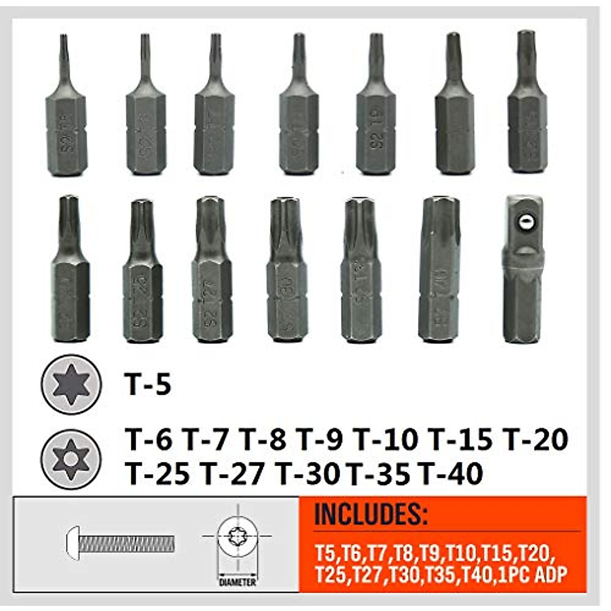 HORUSDY 14-Piece Tamper Resistant Star Bits, S2 Alloy Steel, T5 - T40 Security Torx Bit Set. (14-Piece Torx Bit Set)