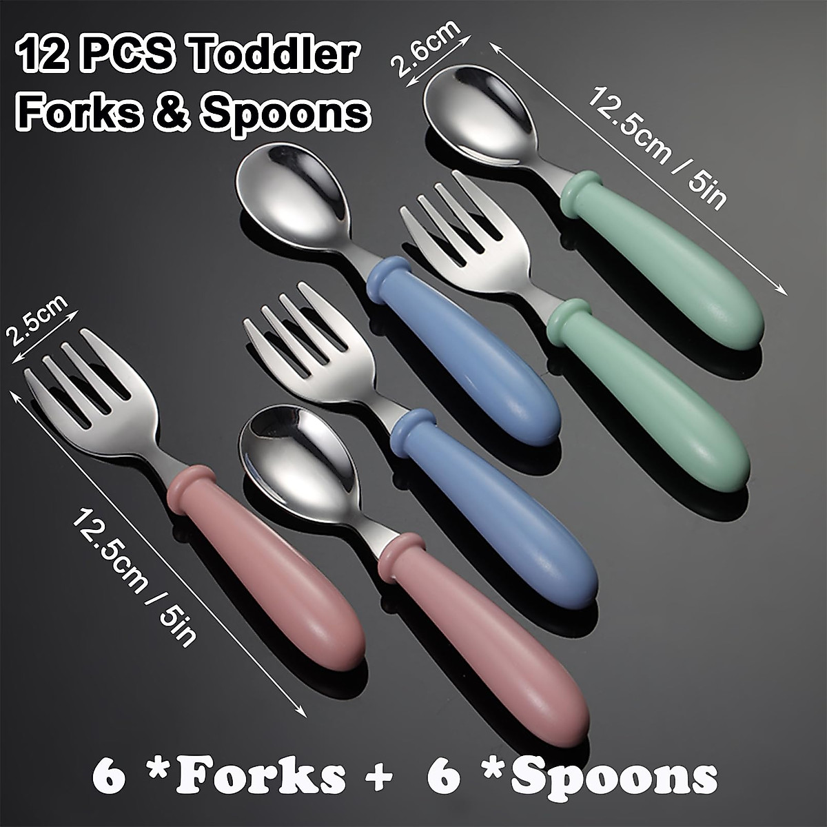 xlehoely 12 Pieces Toddler Utensils,Stainless Steel Baby Forks and Spoons Silverware Set,Kids Silverware Set Children's Cutlery Set with Round Handle,Toddler Flatware Fork Spoon Set,Dishwasher Safe