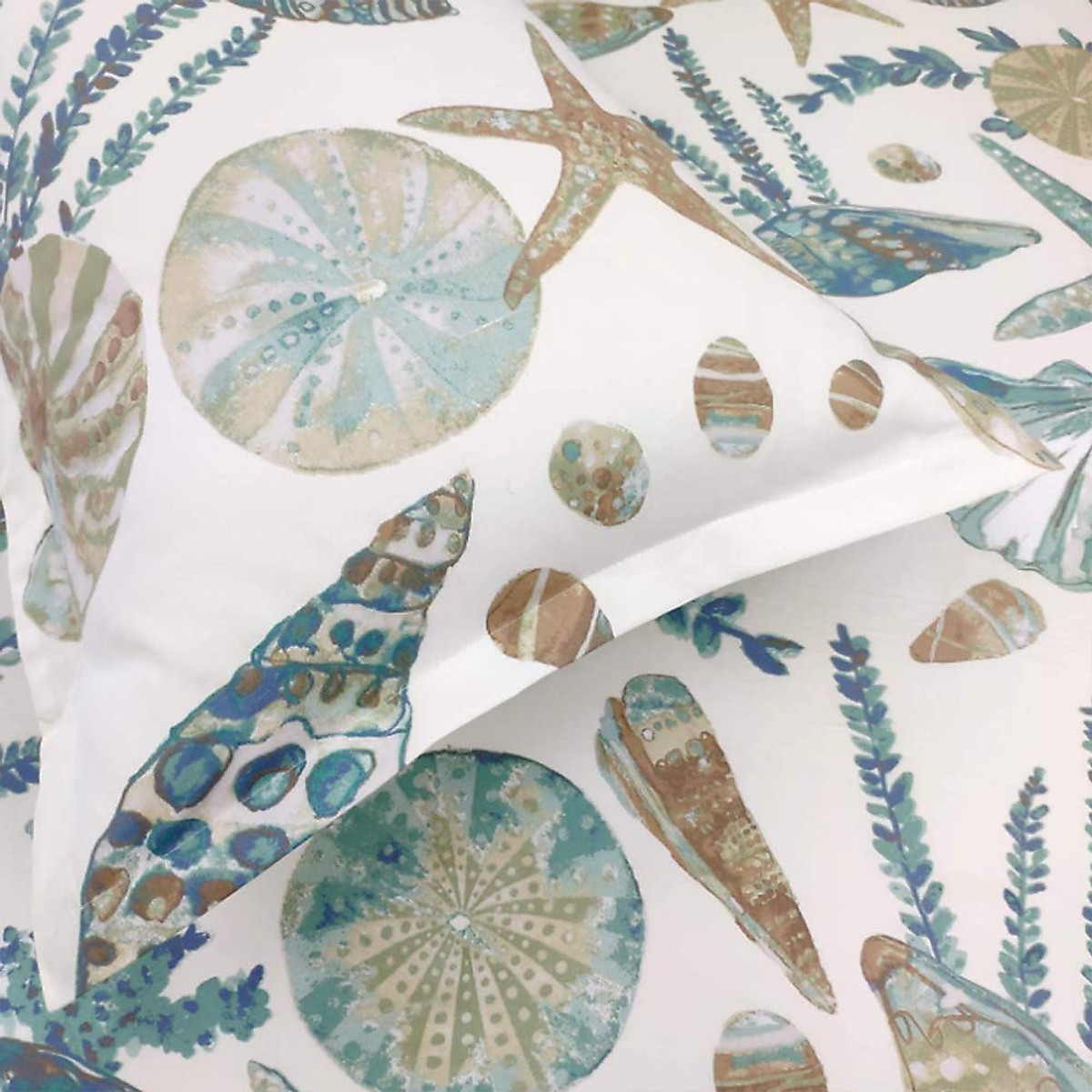 Usning Beachy Duvet Covers Queen Size, 100% Cotton Soft Coastal Bedding 3 Pieces, Starfish and Sealife Bedding Set Design with Zipper Closure and Corner Ties, Queen Size, Seashell Pattern