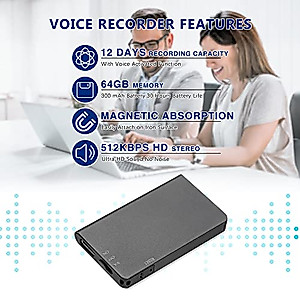 64GB Mini Digital Voice Recorder,Magnetic Voice Activated Recorder with 12 Days Recording Capacity,30 Hours Battery Time,Rechargeable Portable Audio Recorder for Meeting Interview
