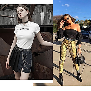 FIORETTO Grommet Leather Belt with Detachable Chain Women Men Punk Rock Waist Belts for Jeans Pants Single Holes (With Silver Chain)