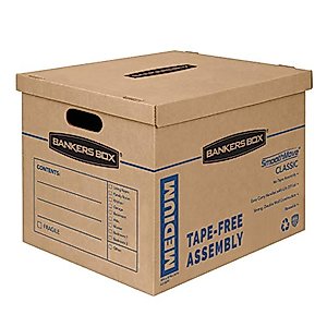 Bankers Box SmoothMove Classic Medium Moving Boxes, 8 Pack, Tape-Free Assembly, Easy Carry Handles, 18" x 15" x 14"
