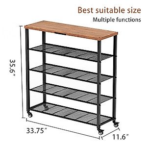 Simple Trending-5 Tier Extra Large Shoe Rack, Rolling Shoe Storage Organizer and Heavy Duty Casters with Brake for Closet Entryway, Steel Frame, Industrial, Rustic Wood and Black