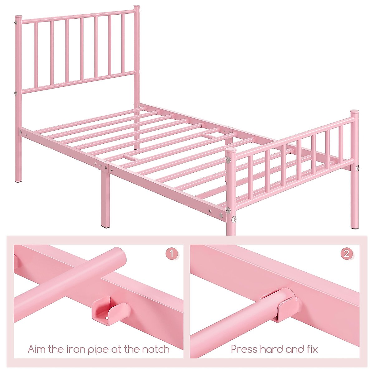 Yaheetech Twin Size Bed Frame Metal Platform Bed Frame Mattress Foundation with Spindle Headboard & Footboard/No Box Spring Needed/14 Inch Underbed Storage/Firm Support & Easy Set up Structure, Pink