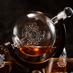 Coastguard Gift Whiskey & Wine Decanter Set & 4 Liquor Glasses - US Coast guard 800 ML Whiskey Decanter & 11 OZ Glass Set with Wood Base - Gifts for Men - Bourbon and Scotch Decanter Military Gifts