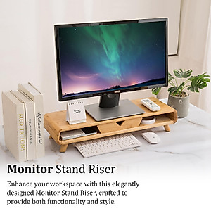 Homerays Bamboo Monitor Stand Riser, No Assembly Required Exquisite Monitor Stand with Drawer, Ergonomic Height Wood Monitor Stand