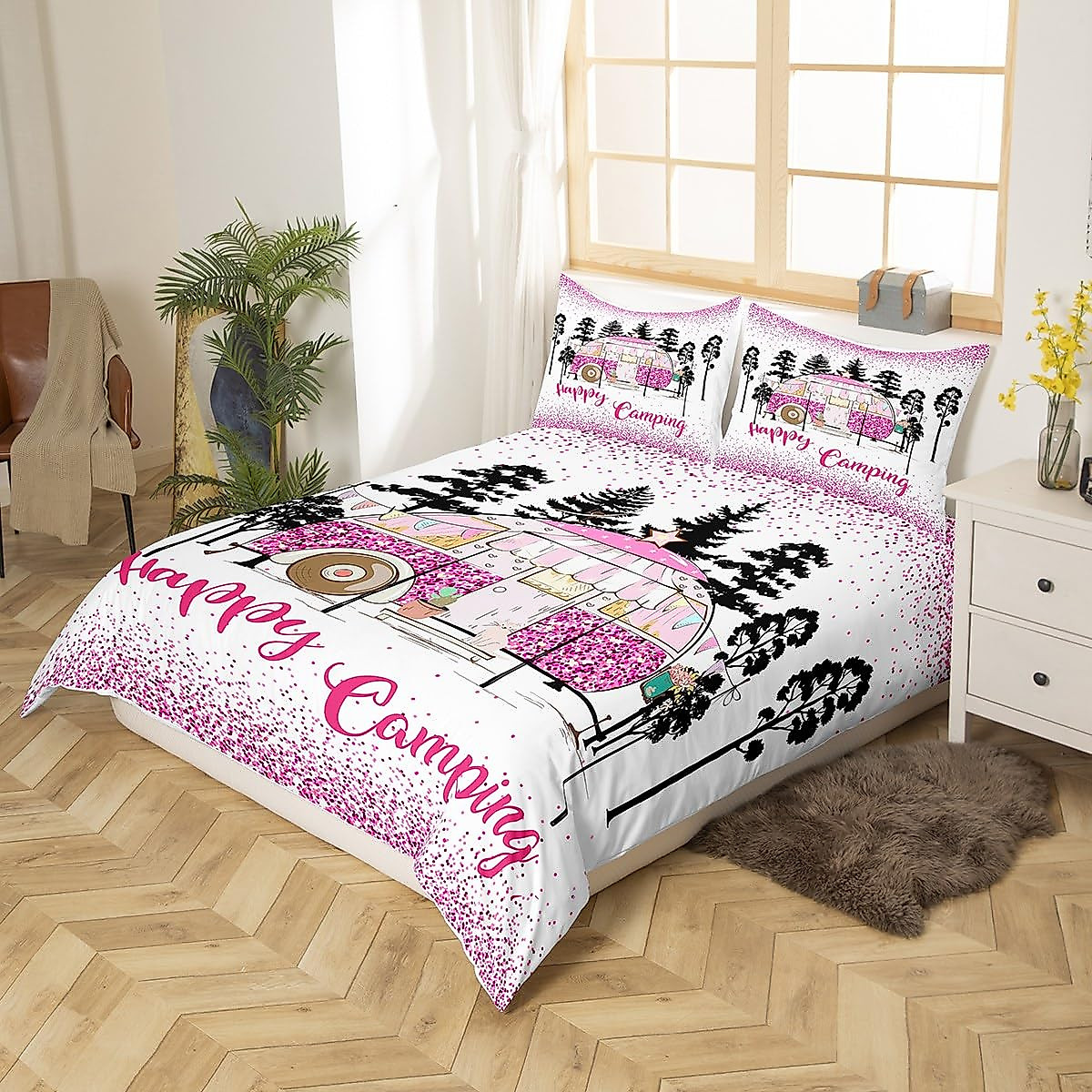 Feelyou Camper Duvet Cover Twin Size with 1 Pillow Case Happy Camping Duvet Cover Set Pink RV Camping Bedding Set Cartoon Cat Comforter Cover for Boys Girls Kids Adults
