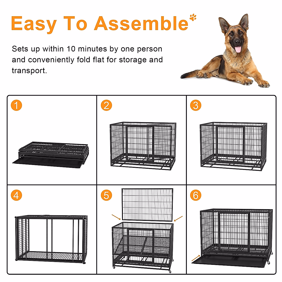 BOLDBONE 48/42/38 inch Heavy Duty Indestructible and Escape-Proof Dog Crate Cage Kennel for Large Dogs, High Anxiety Dog Crate with Removable Crate Trays, Wheels and Double Door, Extra Large XL XXL
