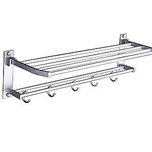 LUKEO Bathroom Towel Racks Foldable Alumimum Chrome Towel Holder Wall Mounted Towel Shelf with Hooks