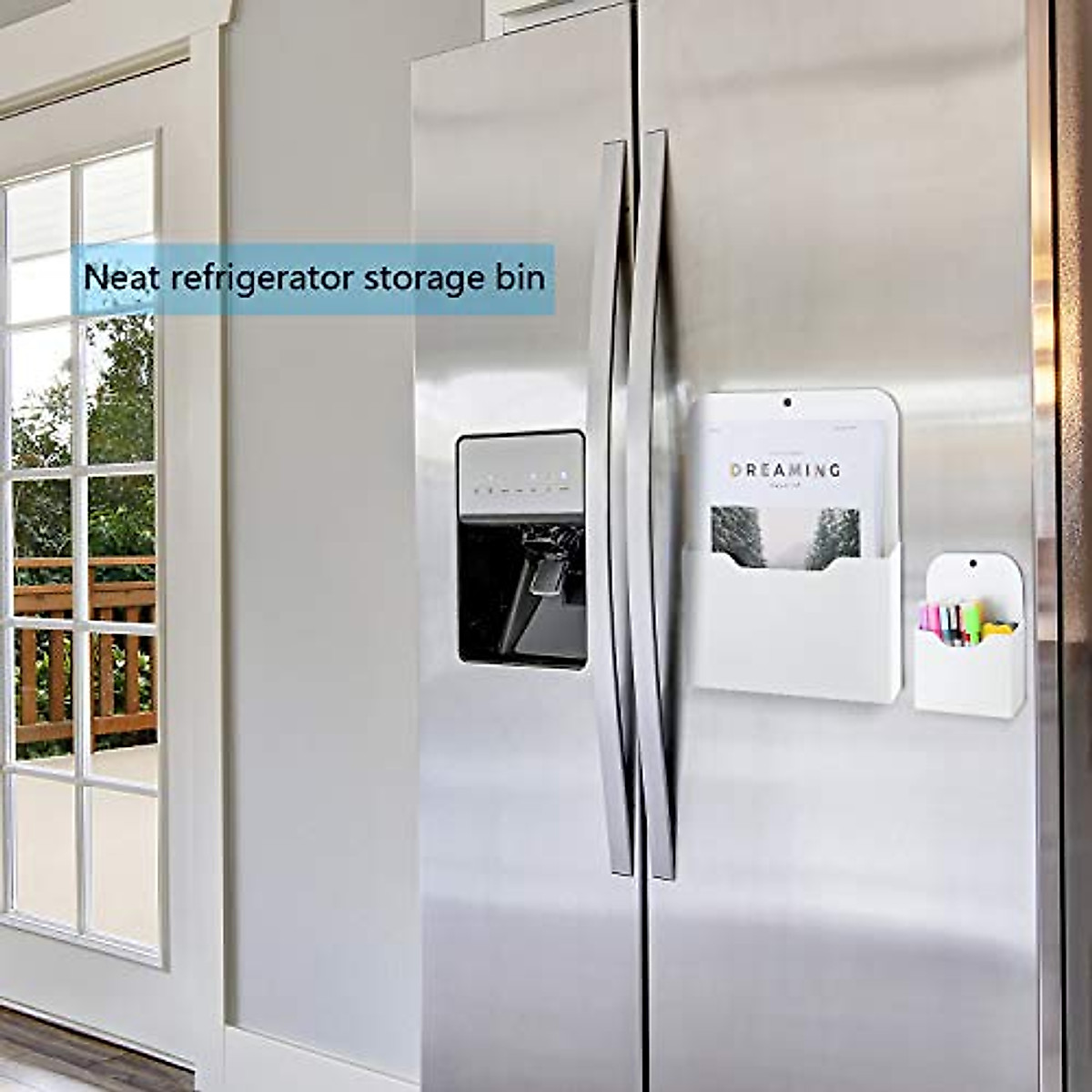 3 Pack Magnetic File Holder, Large Size Refrigerator Magnetic Holder for Pen, Paper, Markers, Notebooks, Letter, Good for Class Whiteboard, Office, Refrigerator, Locker L, M and S (White)