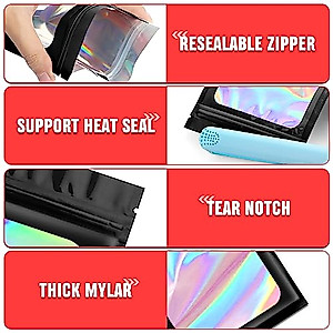 Funfery 300 Pack 3 Size Mylar Holographic Bags with Clear Window,Resealable Bags Smell Proof Bags Zipper Foil Bags Packaging Pouch for Food Storage,Sample,Small Business(Black,3x4.7,4x6,4.7x7.9in)