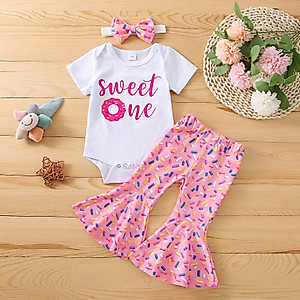 Lamuusaa Toddler Baby Girls Birthday Outfits Sweet One/Two Sweet Romper Shirts Doughnut Shorts/Flared Pants Headband Set