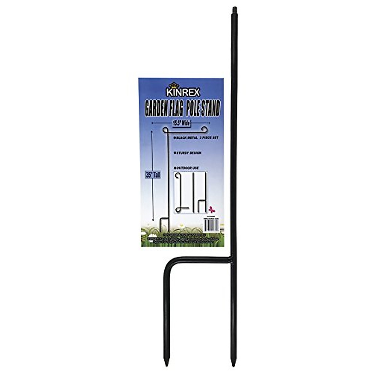 KINREX Garden Flag Pole Holder Stand - Black Metal Iron Wrought Stake Poles for Outdoor Garden Lawn Yard - 3 Piece Set - 35" Tall x 15.5" Wide