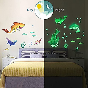 MESU Cartoon Shark Glow in The Dark Stickers Luminous Wall Decals Underwater World Home Ceiling Decor for Boys Room Nursery Kids Gift Shark