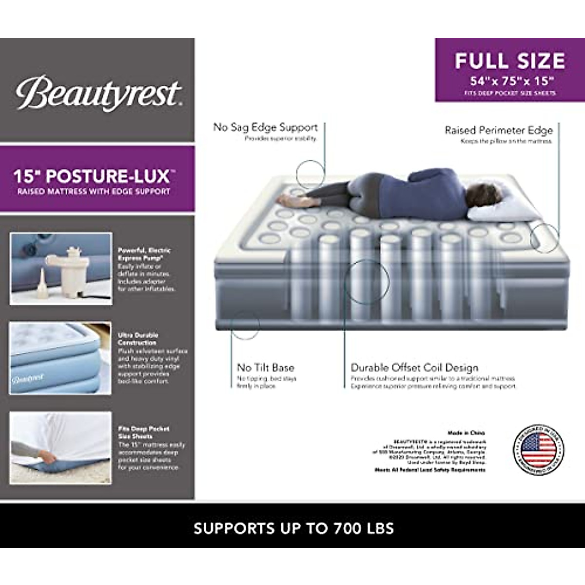 Beautyrest Posture Lux Air Bed Mattress with Express Pump and Raised Edge Support, 15" Full