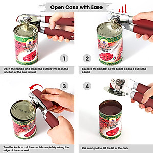 Can Opener Manual, Can Opener with Magnet, Hand Can Opener with Sharp Blade Smooth Edge, Handheld Can Openers with Big Effort-Saving Knob, Can Opener with Multifunctional Bottles Opener, Red