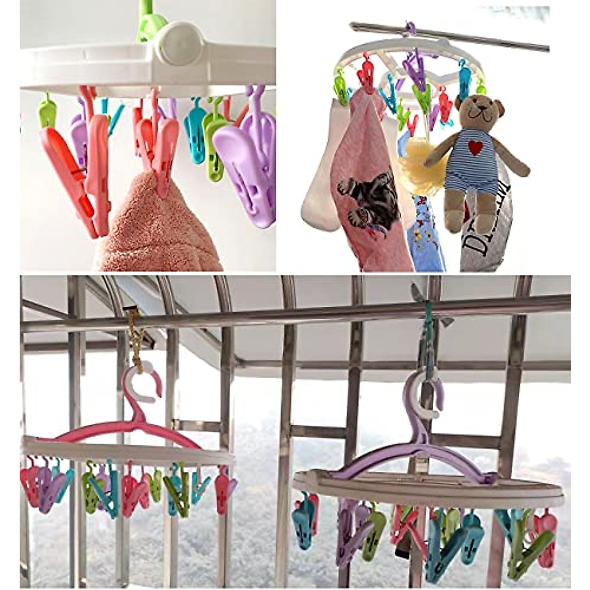 Newraturner Clothespin Rack Laundry Drying Rack,Clothes Hangers with 16 Clips,Clip Hanger Drip Hanger for Drying Underwear,Towel,Baby Clothes,Hat,Scarf,Socks,Bras,Pants,Cloth Diapers,Gloves