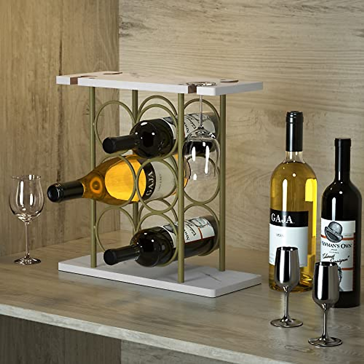 LAPEPI Wine Rack with Glass Holder, Gold Frame,Countertop Wooden Wine Rack,Holds 6 Bottles and 4 Glasses freestanding Floor, Decorative Wine Storage Rack
