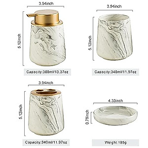 YYW Ceremic Bathroom Accessory Set, 4 Pieces Complete Bath Decor Kit with Imitation Marble Pattern, Foaming Soap Dispenser, Toothbrush Holder, Tumbler and Soap Dish (Grey - 4 Piece Set)