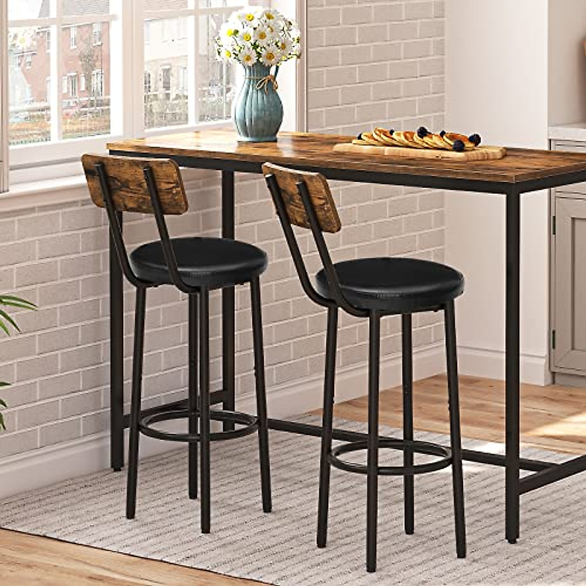 HOOBRO Bar Stools with Backrest, Set of 2 Bar Chairs, Counter Stools with PU Upholstery, Breakfast Stools with Footrest, for Kitchen, Living Room, Bar, Rustic Brown and Black BF31BY01